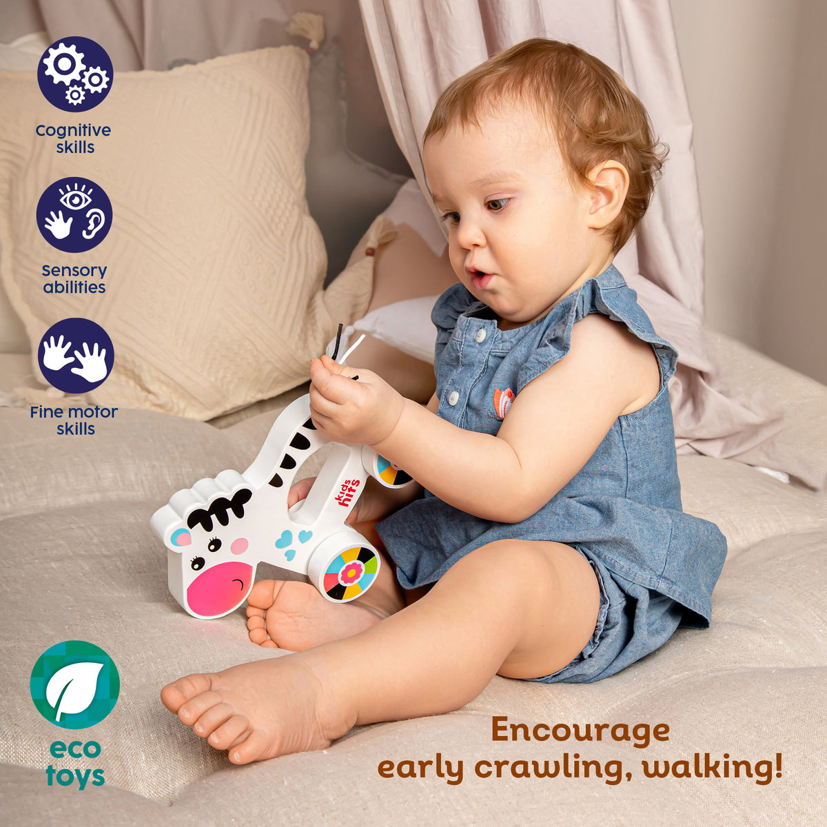 Kids Hits: Colorful Wooden Push & Pull Toy Pull-Along Zebra - A Fun Co